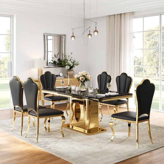 7-Piece Faux Marble Dining Table Set, Faux Marble Pattern Tabletop with ...