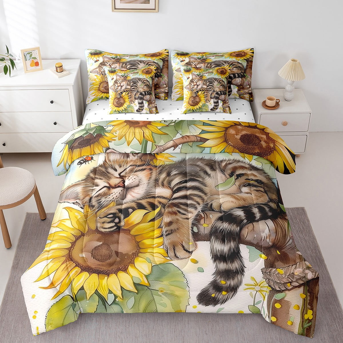 7 Piece Floral Cat Comforter Set Queen Bed In A Bag Rustic Farmhouse ...