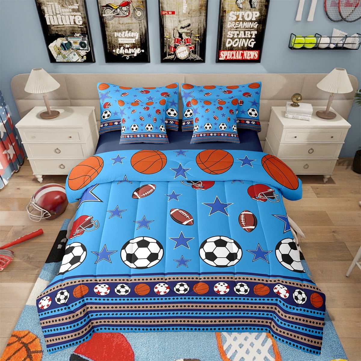 7 Piece Football Bed in a Bag Twin Size Sports Bedding Sets Teen Stars ...