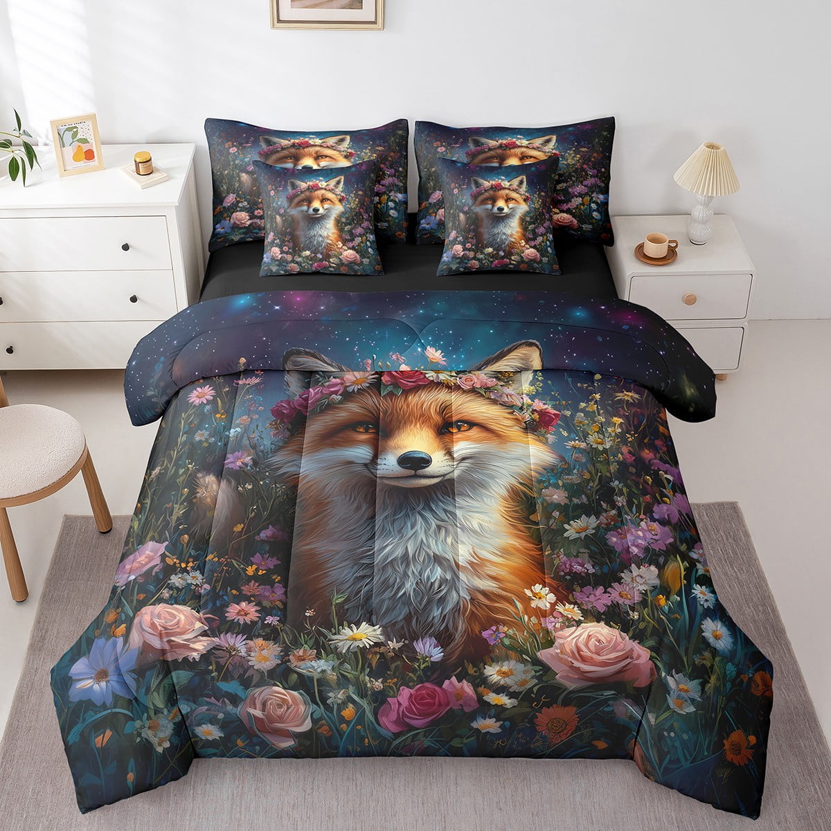 7 Piece Fox Bed in a Bag Rustic Farm Bedding Sets Blue Purple Galaxy ...