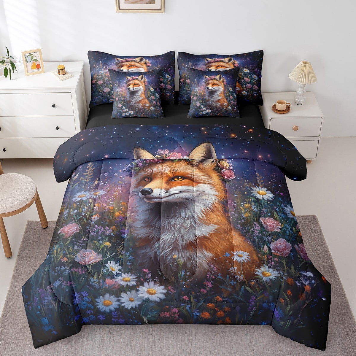 7 Piece Fox Bedding Sets King Size Cute Animal Fox Print Bed in a Bag ...