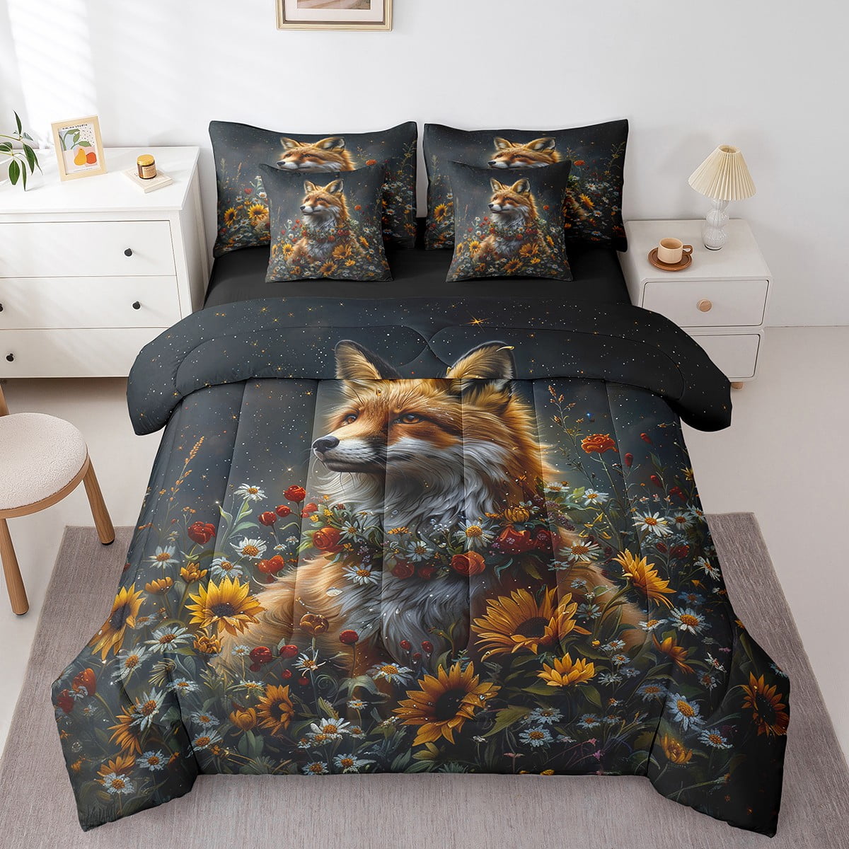 7 Piece Fox King Bed in a Bag Rustic Farmhouse Bedding Sets Cute Animal Fox Print Comforter Set ...