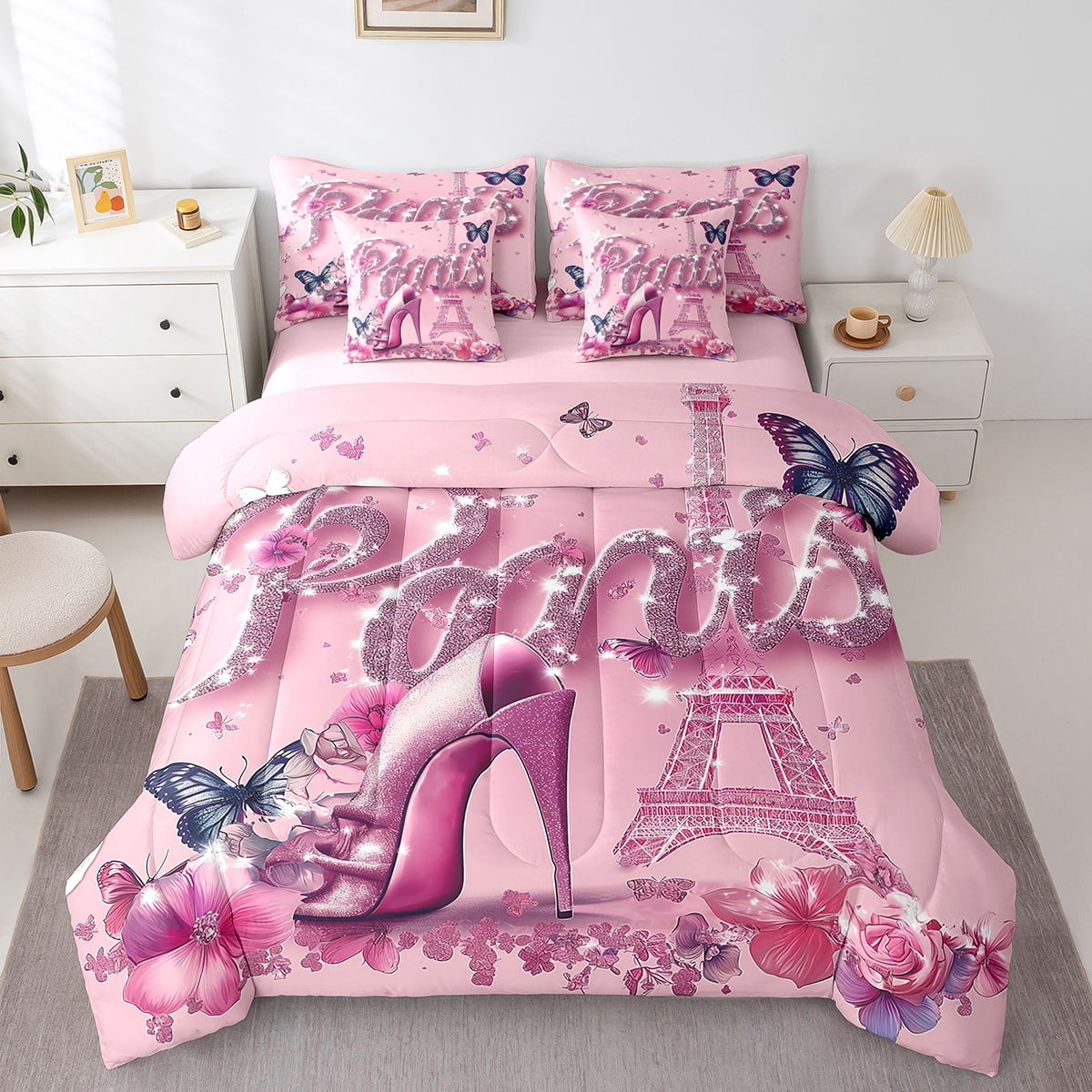 7 Piece France Paris Style Bed In A Bag Queen Rose Purple High Heel ...