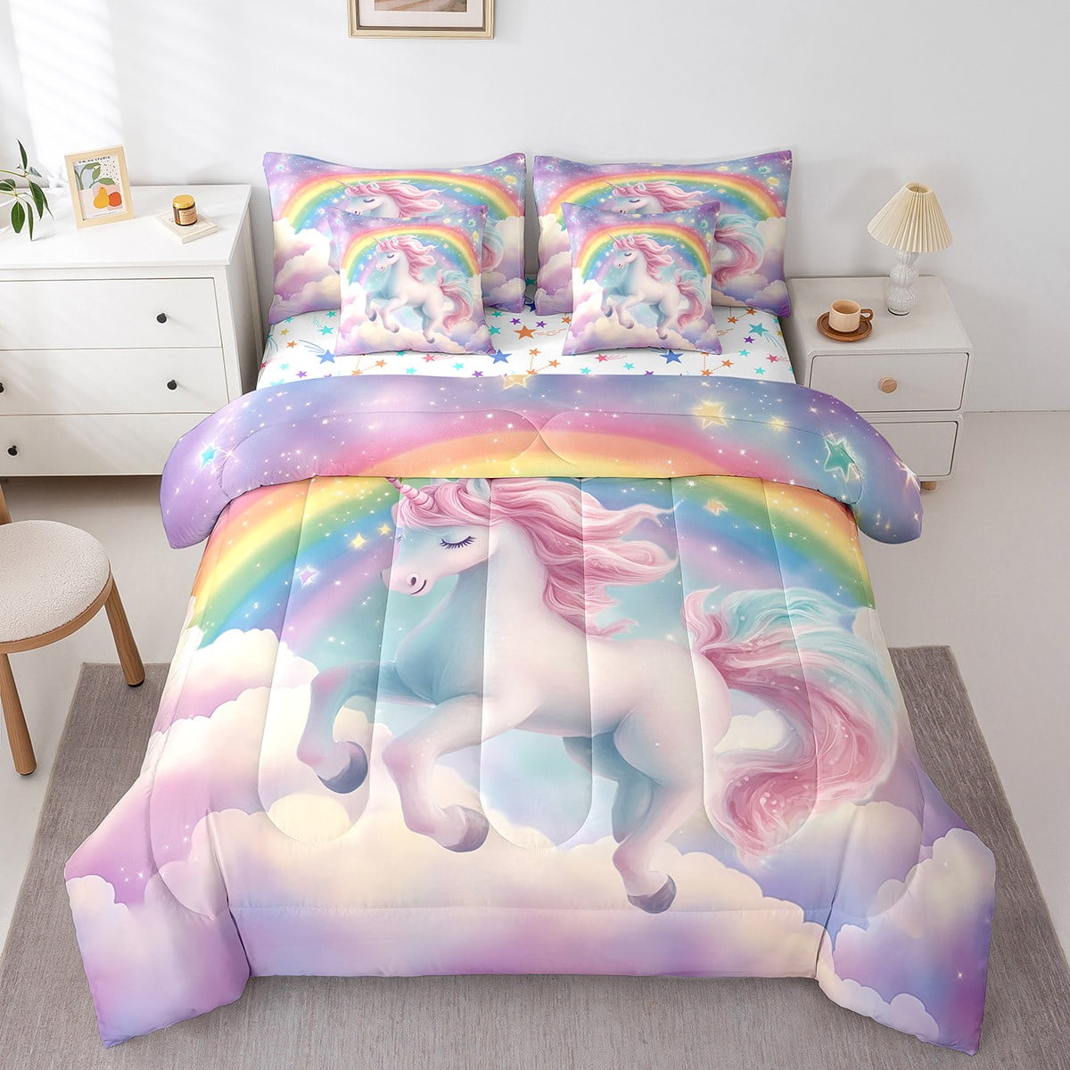 7 Piece Full Size Rainbow Unicorn Bedding Sets Rainbow Unicorn Bed in a ...