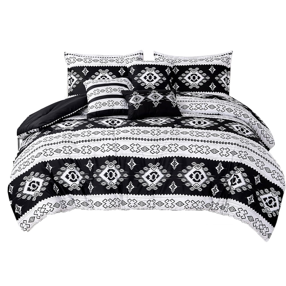 7-Piece Full Southwestern Aztec Comforter Set - Black White Geometric ...
