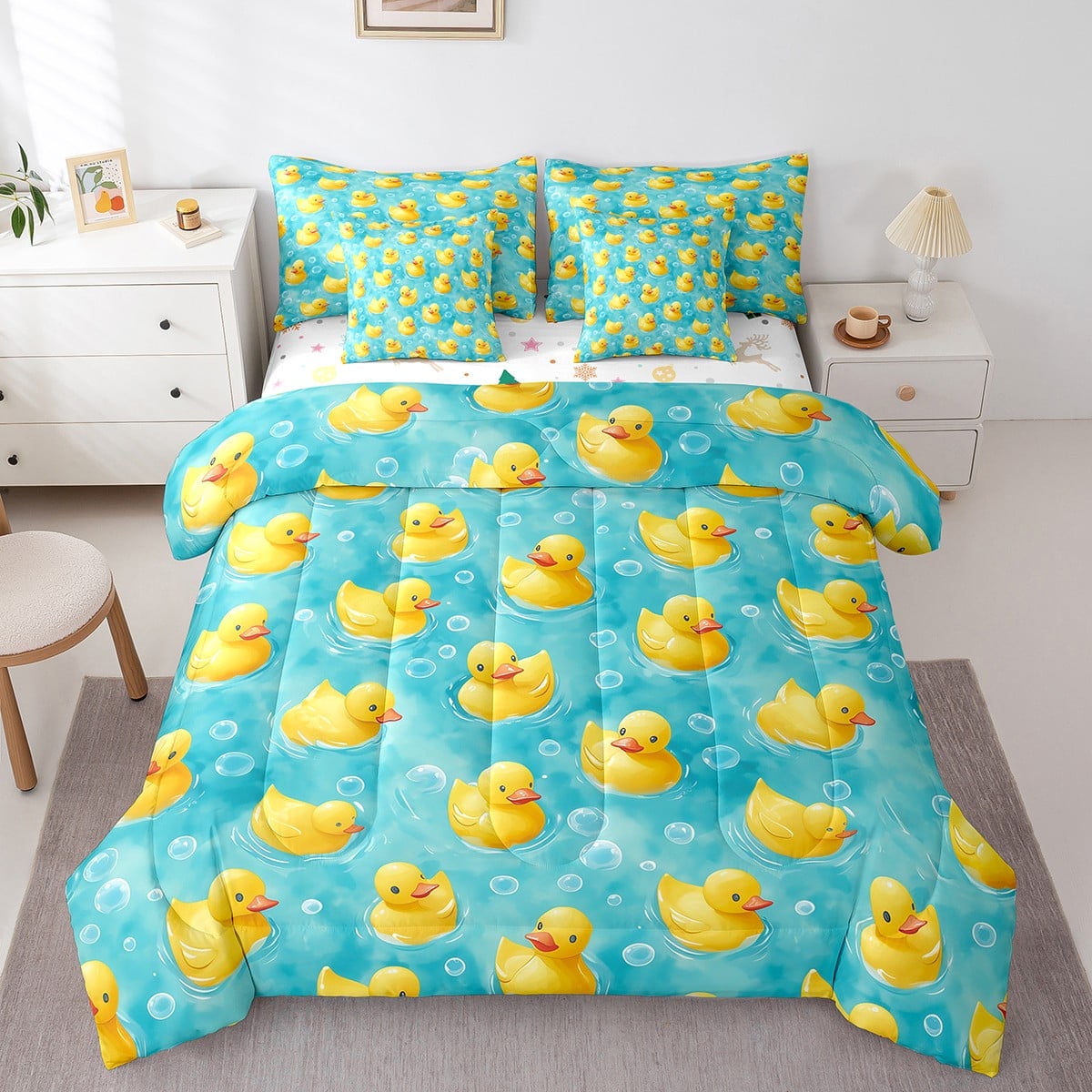 7 Piece Funny Duck King Bedding Set,Yellow Rubber Duck Bed in a Bag ...