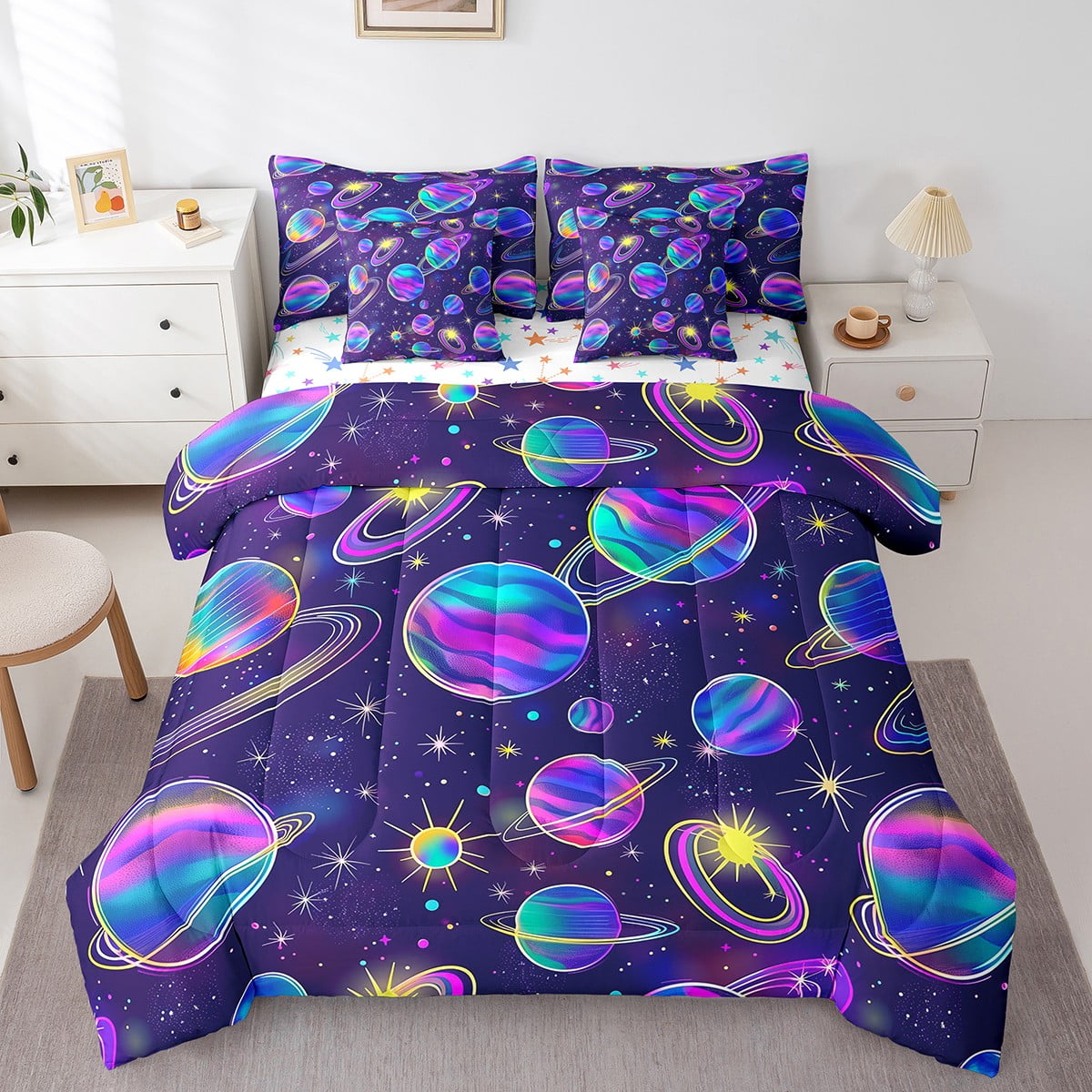 7 Piece Galaxy Bedding Sets Full Size Purple Planet Print Bed in a Bag ...