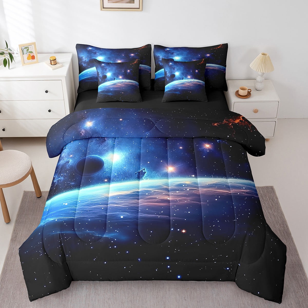 7 Piece Galaxy Bedding Sets Twin Outer Space Themed Bed in a Bag Blue ...