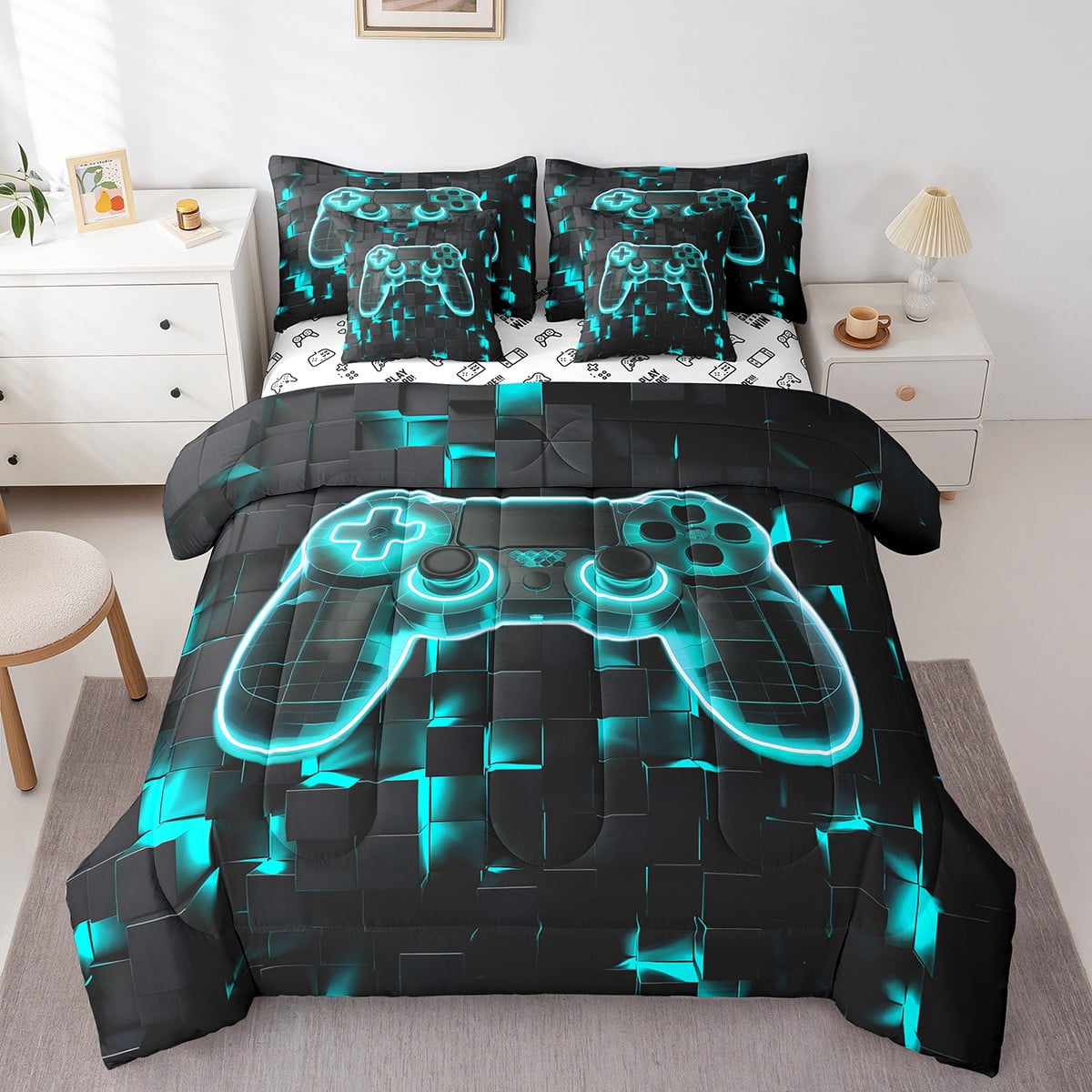 7 Piece Gamer Bed in a Bag for Boys Queen Gaming Room Bedding Comforter ...