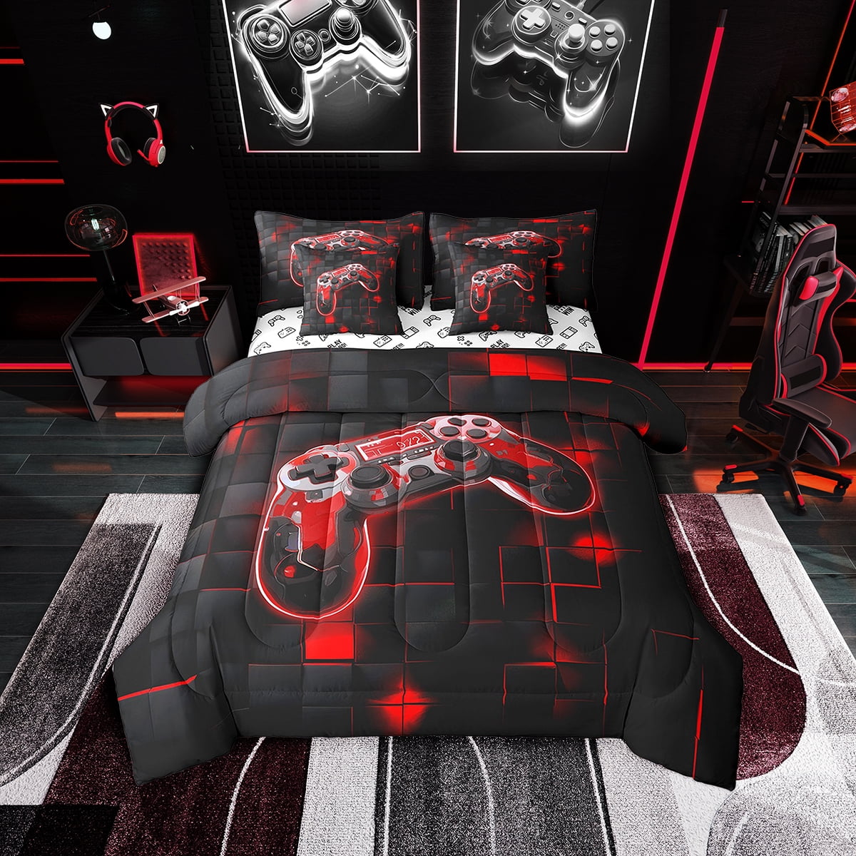 7 Piece Gamer Full Bedding Sets ,Red and Black Gaming Comforter Set ...