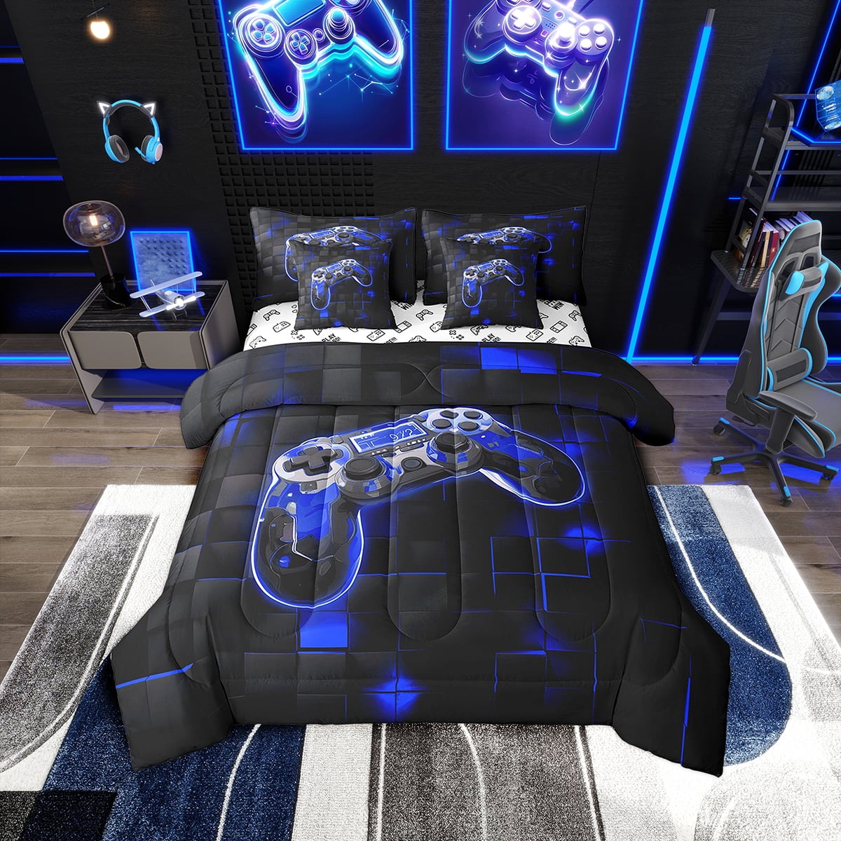 7 Piece Gamer Queen Comforter Sets for Boys Girls Kids,Neon Blue and ...