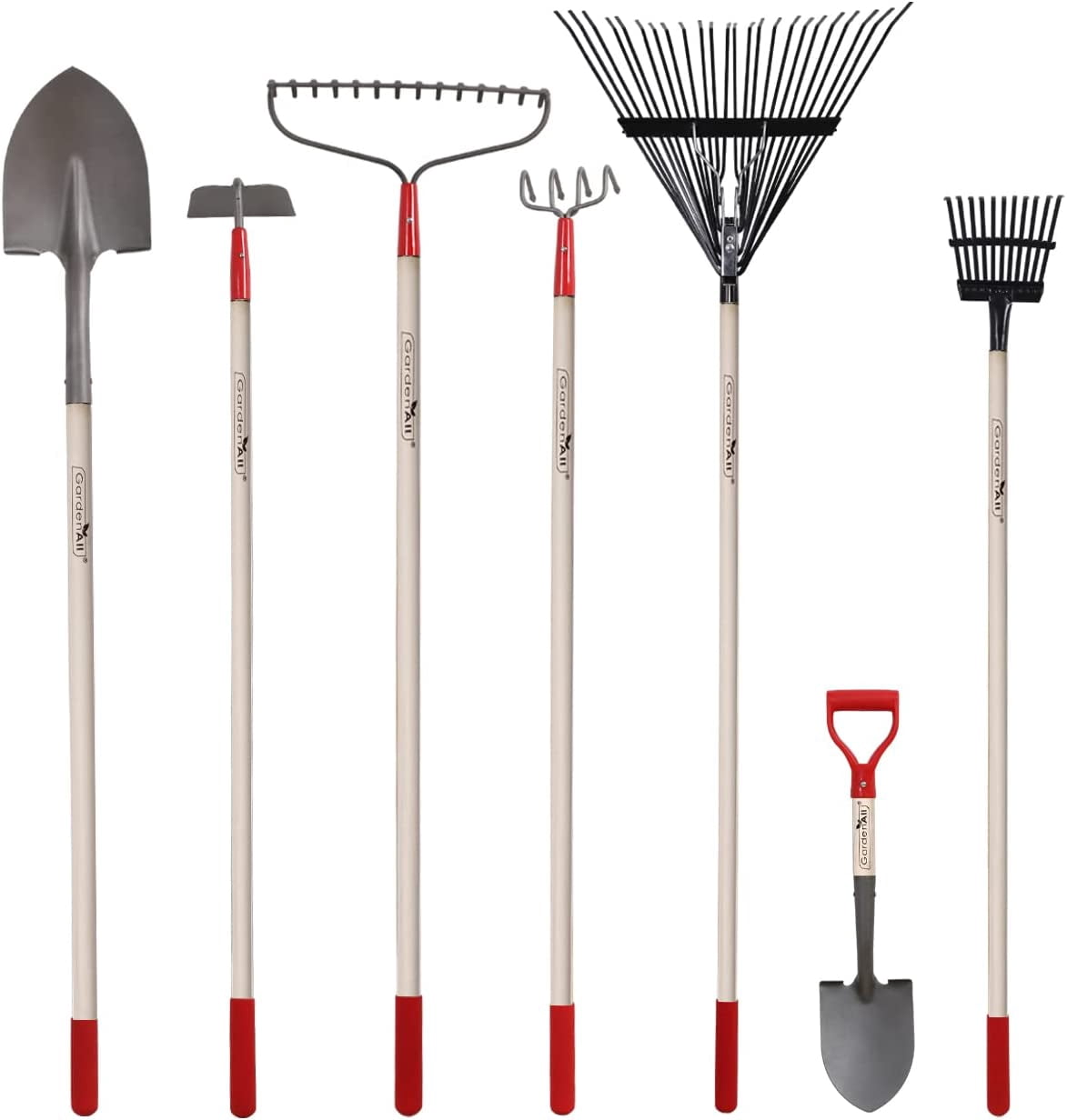 7-Piece Garden Tool Set with Wood Handle, Shovel, Rake, Hoe and ...