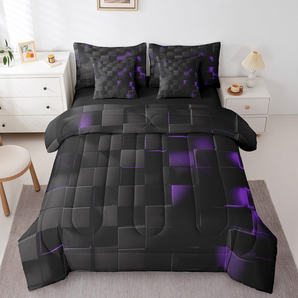7 Piece Geometry Bed in a Bag King Purple Square Pattern Bedding Set ...