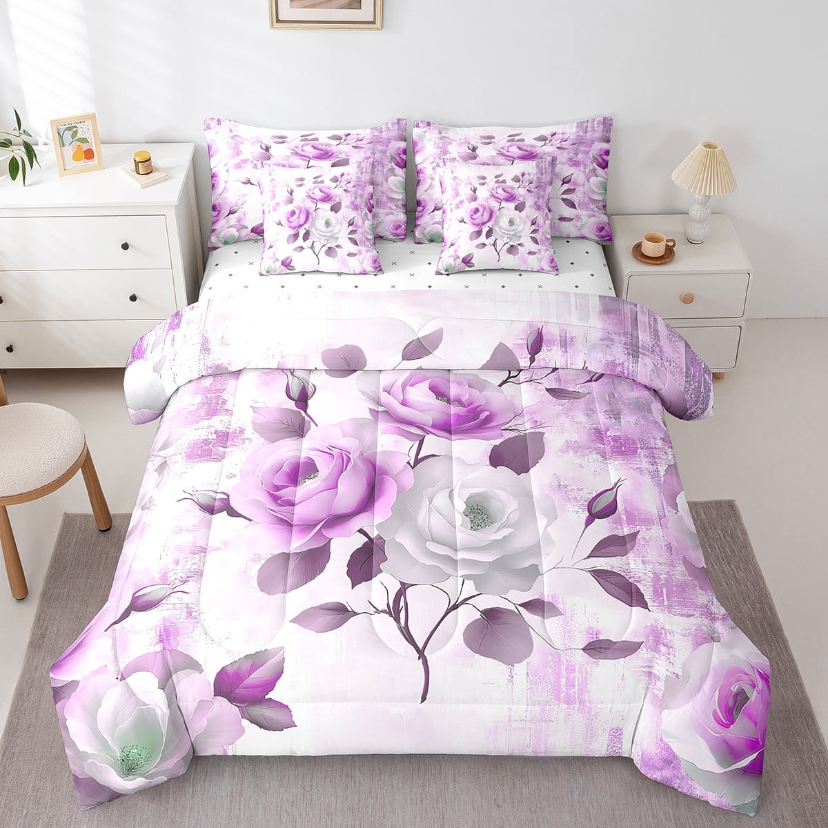 7-Piece Flower Bedding King Size Rose Floral Comforter Set for Women ...