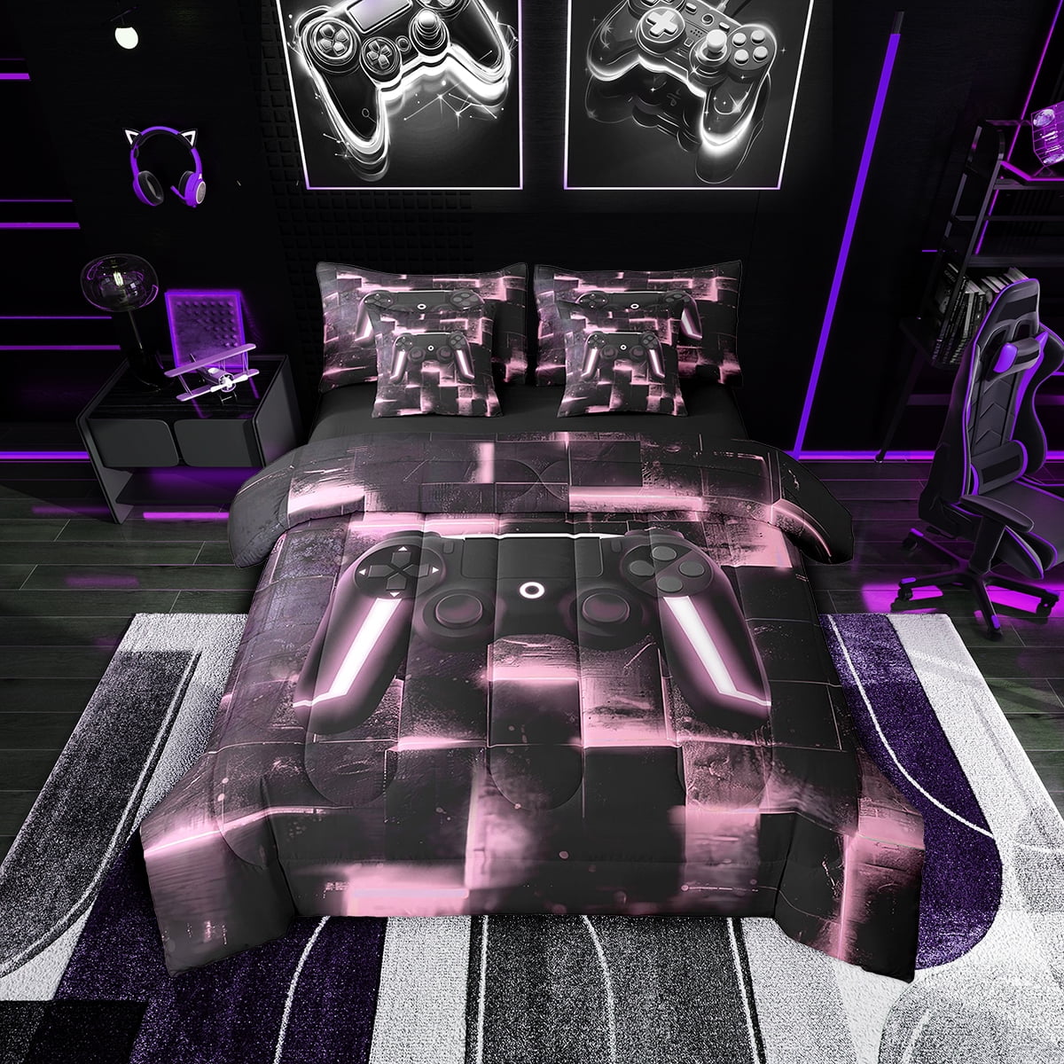 7-Piece Gamer Bed in a Bag Modern Neon Grid Bedding Set, Black and Pink ...