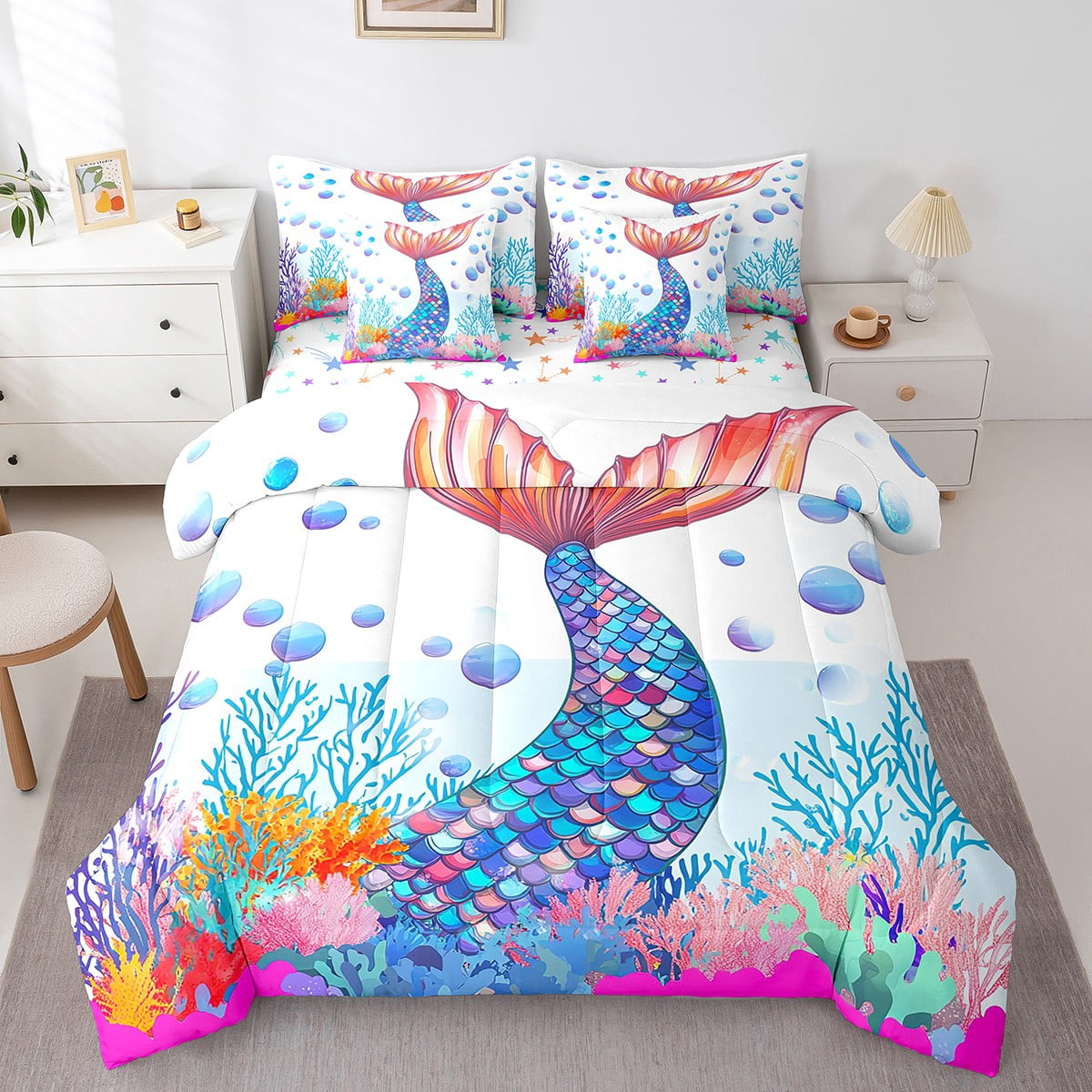7 Piece Girls Mermaid Queen Sheet Set With Comforter, Mermaid Tail ...