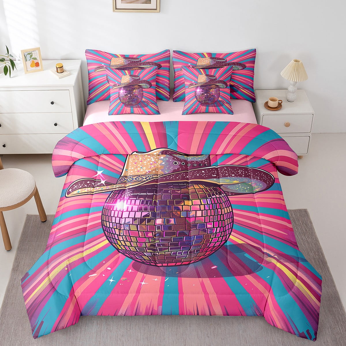 7 Piece Pink Disco Ball Twin Comforter Set,Western Cowgirl Hat Bedding ...