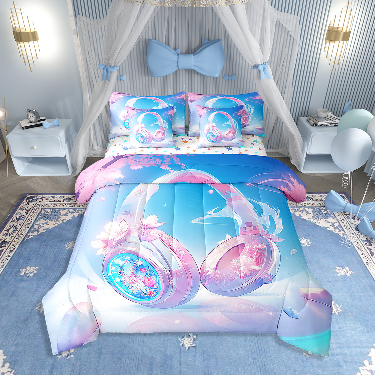 7 Piece Girly headset king Size Comforter Set,Dreamy Pink headphone ...