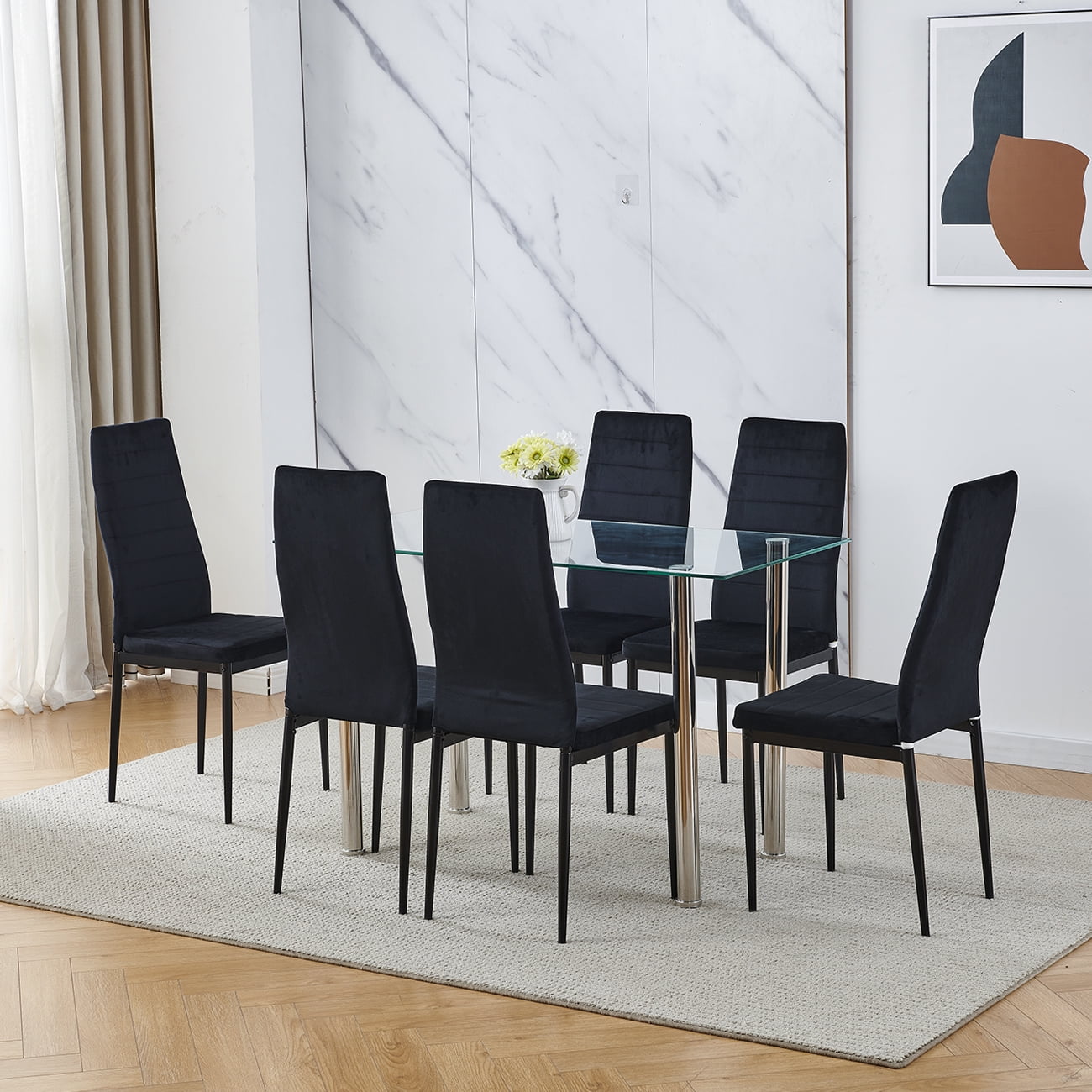 7-Piece Glass Dining Set,Square Dining Table Set with Metal Frame ...
