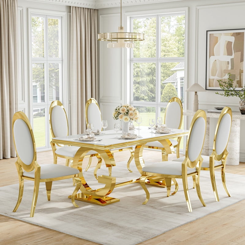 7-Piece Glass Dining Table Set, 70" Rectangular Tempered Glass Table ...
