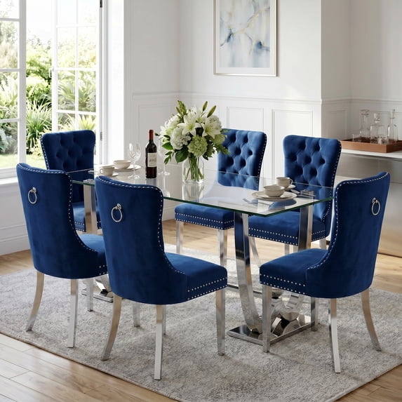 7-Piece Glass Dining Table and Chair Set, 69" Table with W-Shaped Metal ...