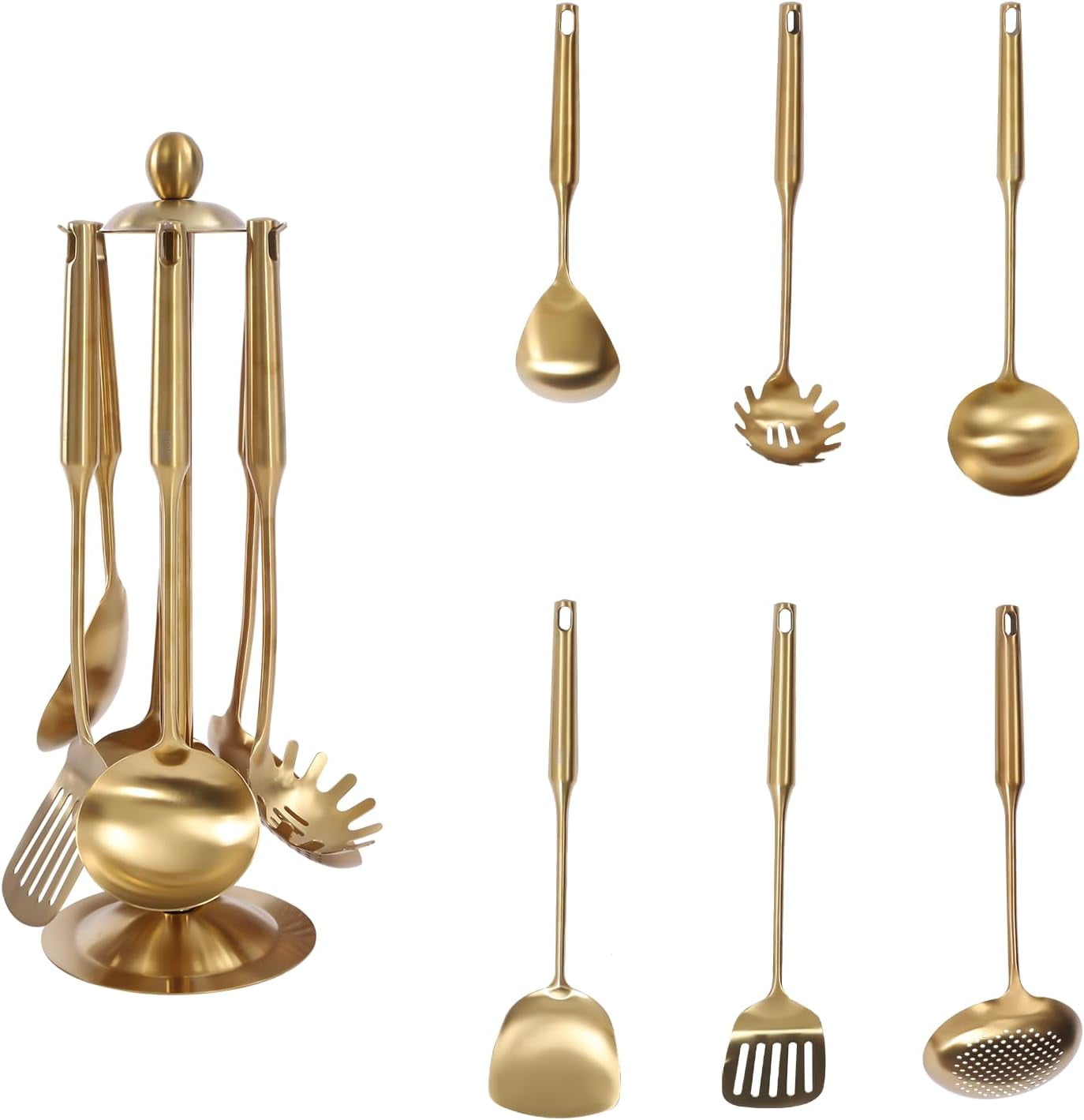 7-Piece Gold Kitchen Utensils Set with Rotating Stand, Food-Grade 304 ...