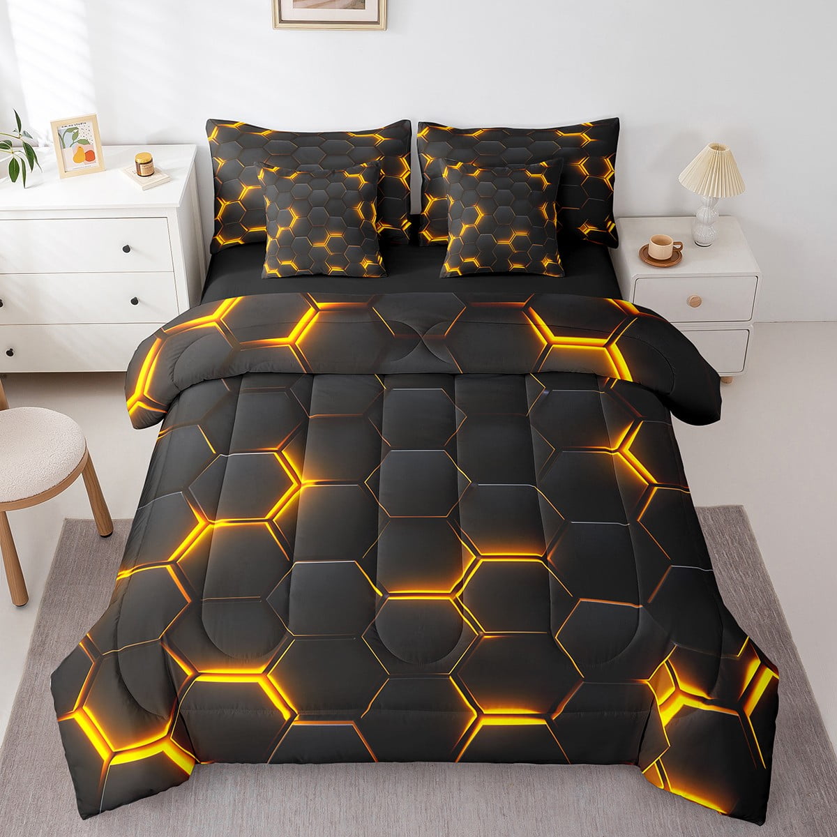 7 Piece Golden Honeycomb Print Bed in a Bag Twin Beehive Geometrical ...