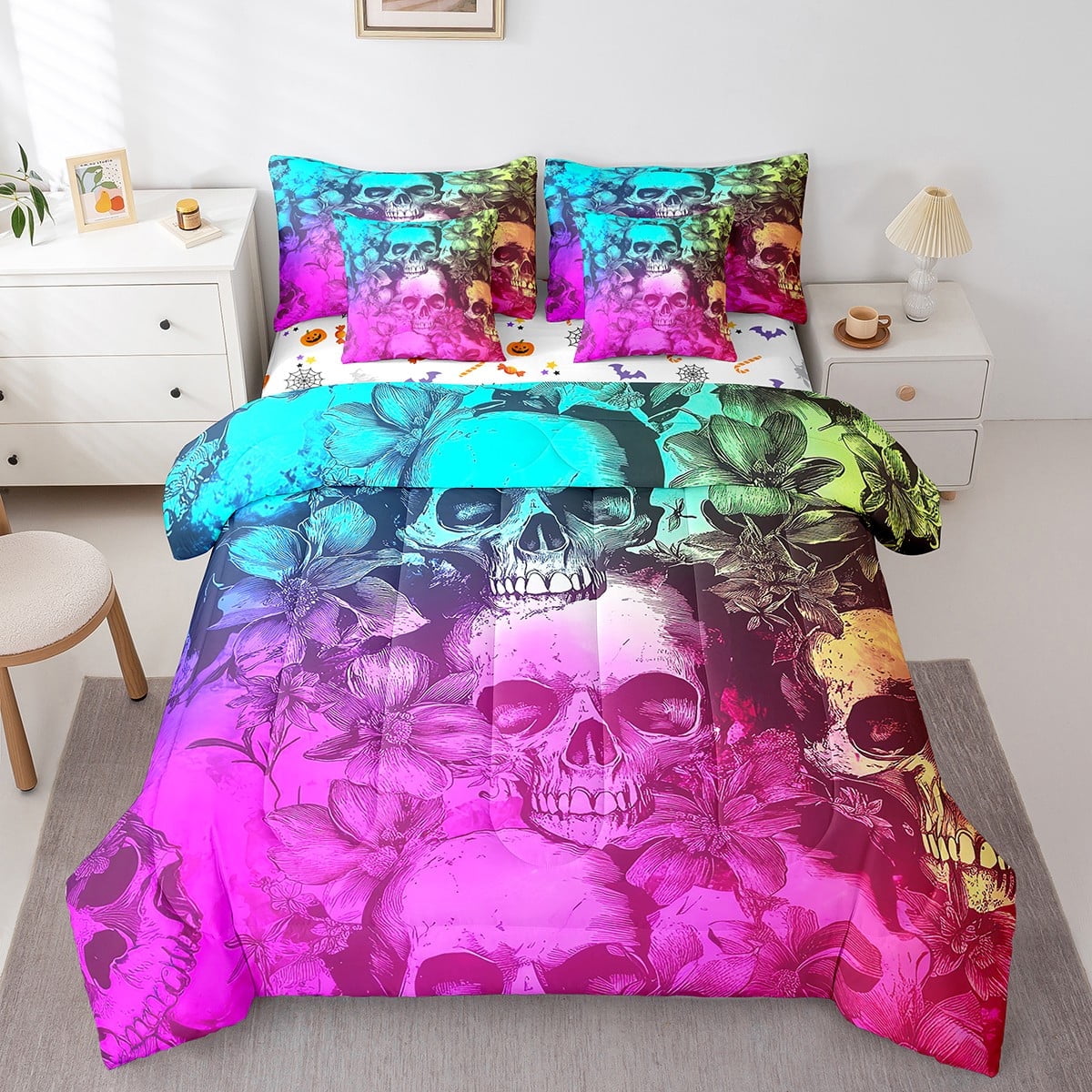 7 Piece Gothic Skull Floral Twin Bed in a Bag,Colorful Flower Skull ...