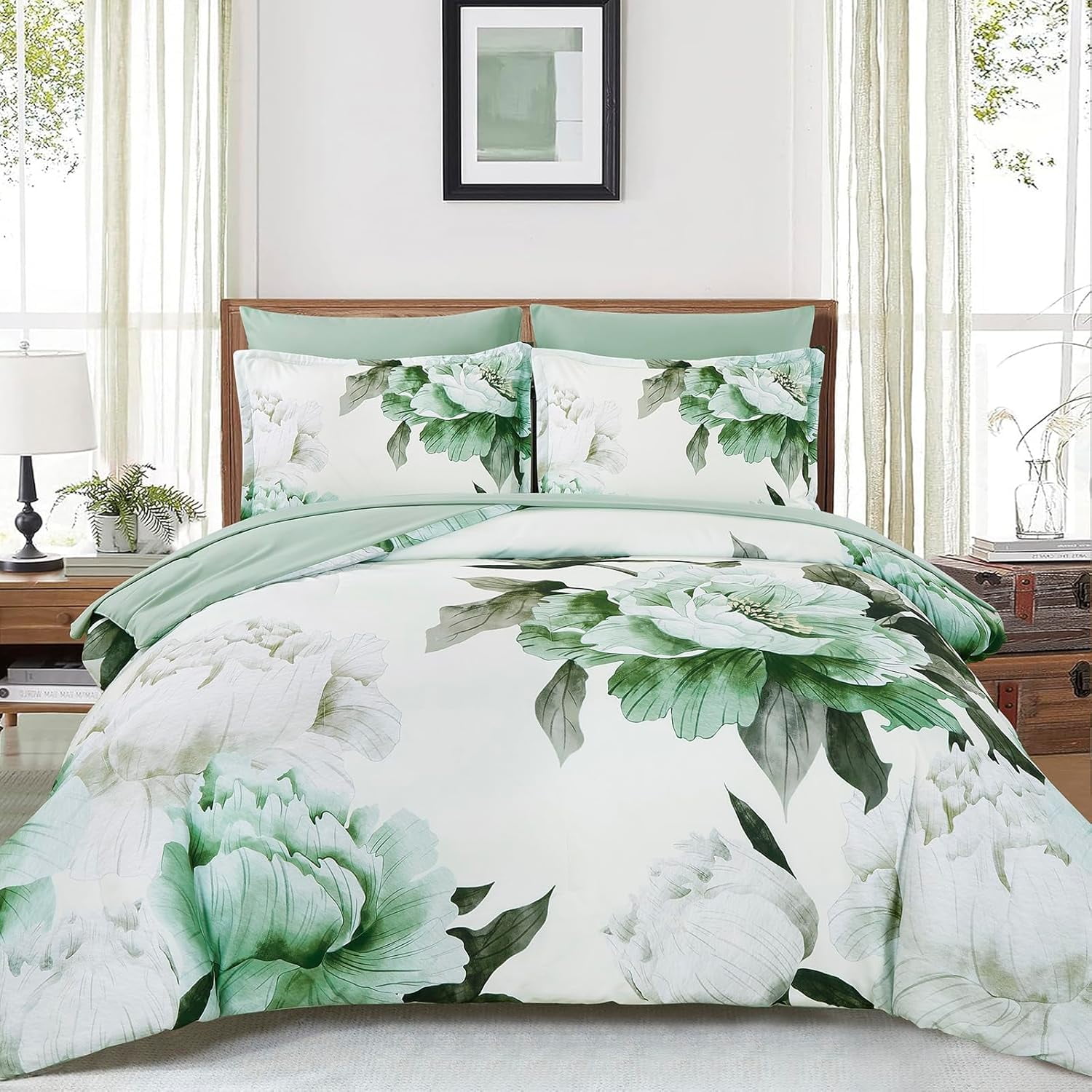 7 Piece Green Queen Comforter Set, Sage Green Floral Printed Bed in a ...
