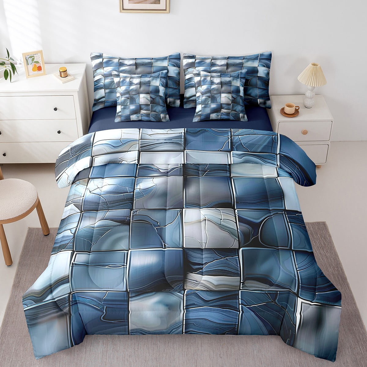 7 Piece Grids Queen Bed in a Bag Ombre Blue Bedding Sets Blue Marble ...
