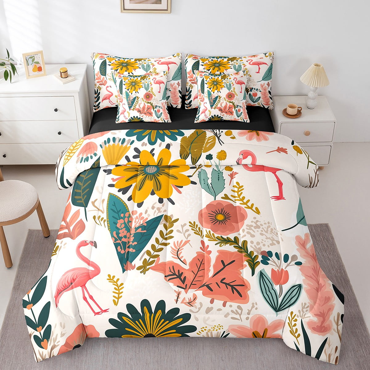7-Piece Hippie Floral Bedding Comforter Sets Chic Flamingo Bed in a Bag ...