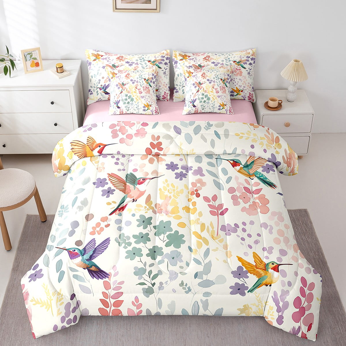 7 Piece Hummingbird Comforter Set King,Colorful Flower Hummingbird ...