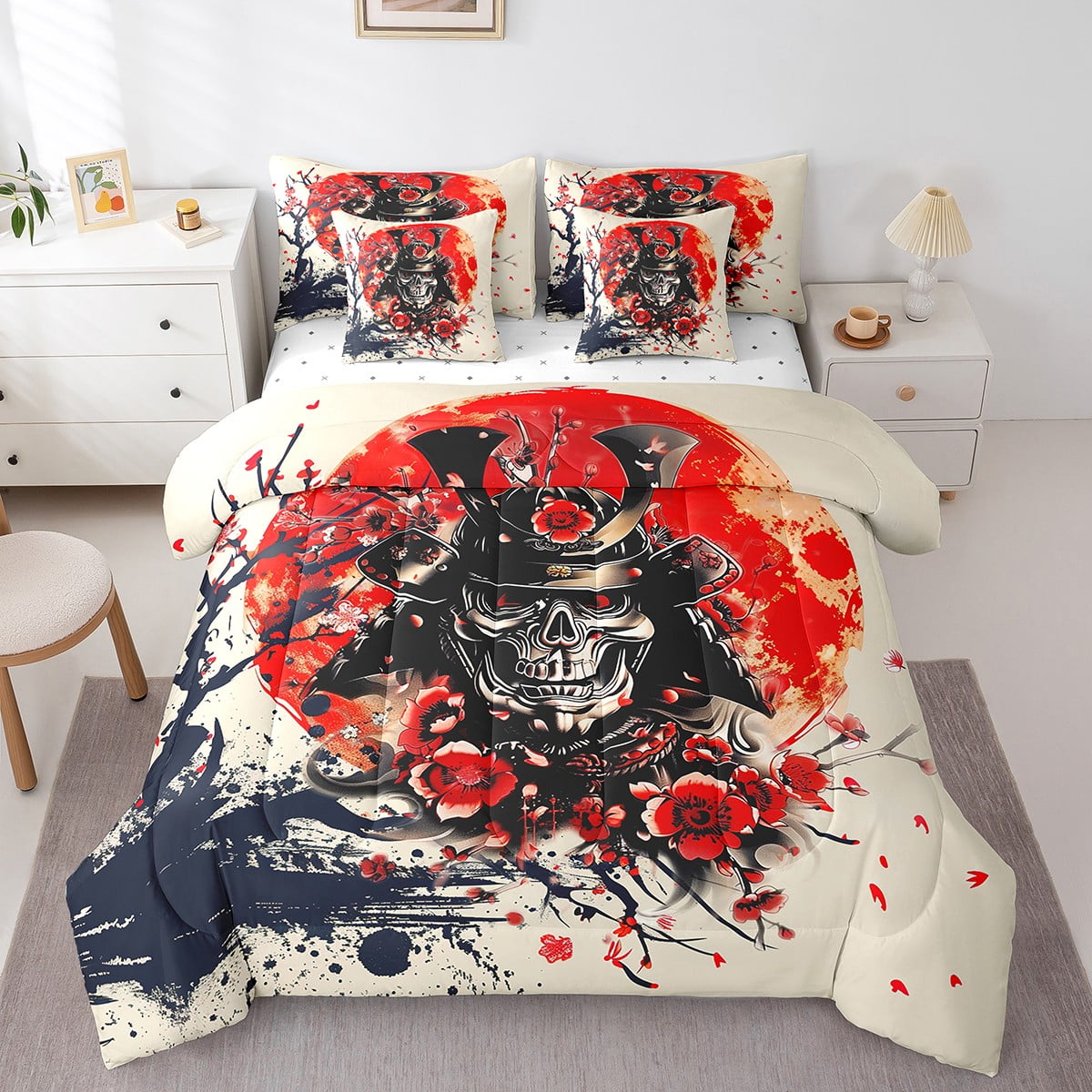 7-Piece Japanese Samurai Bedding Full Size Men Cherry Blossoms Sakura ...