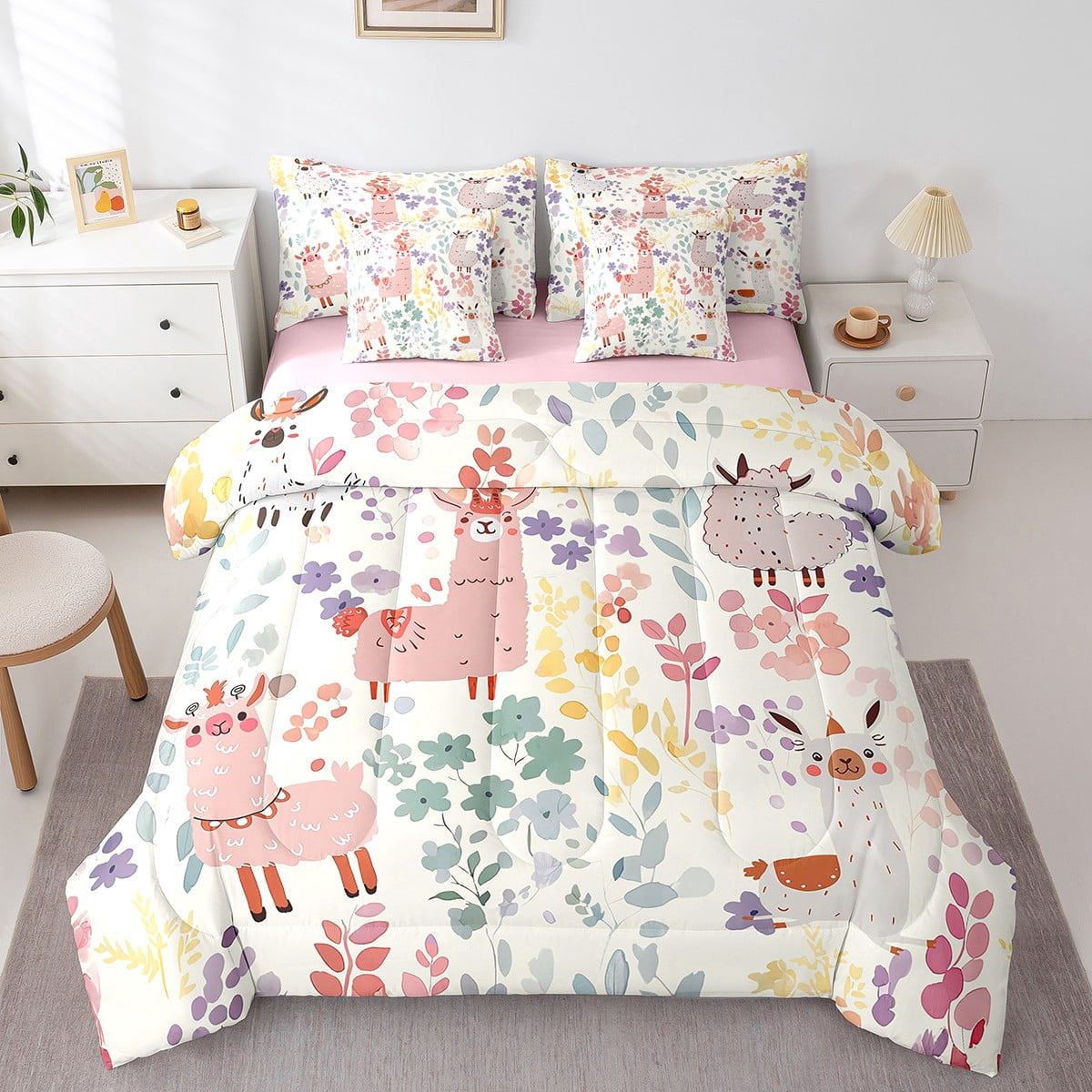 7 Piece Kawaii Alpaca Llama Twin Bedding Set,Colorful Floral Bed in a ...