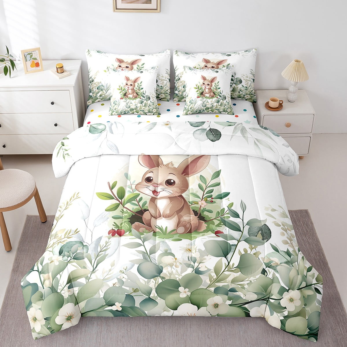 7-Piece Kawaii Rabbit Bedding Queen Cartoon Bunnies Comforter Set ...