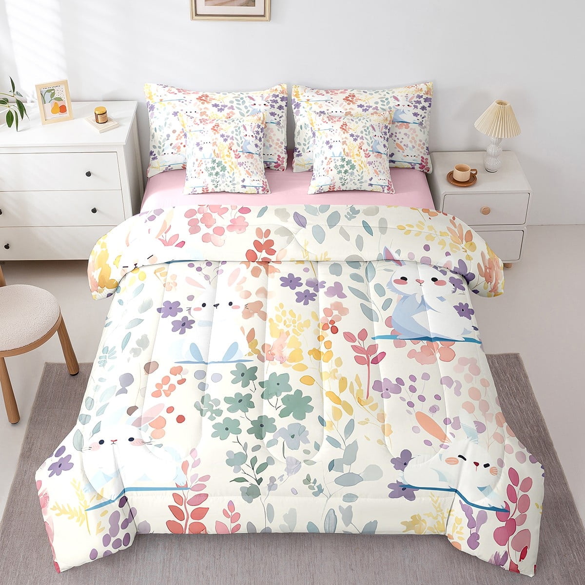 7 Piece Kawaii Rabbit Full Bedding Set,Cute Bunnies Floral Comforter ...