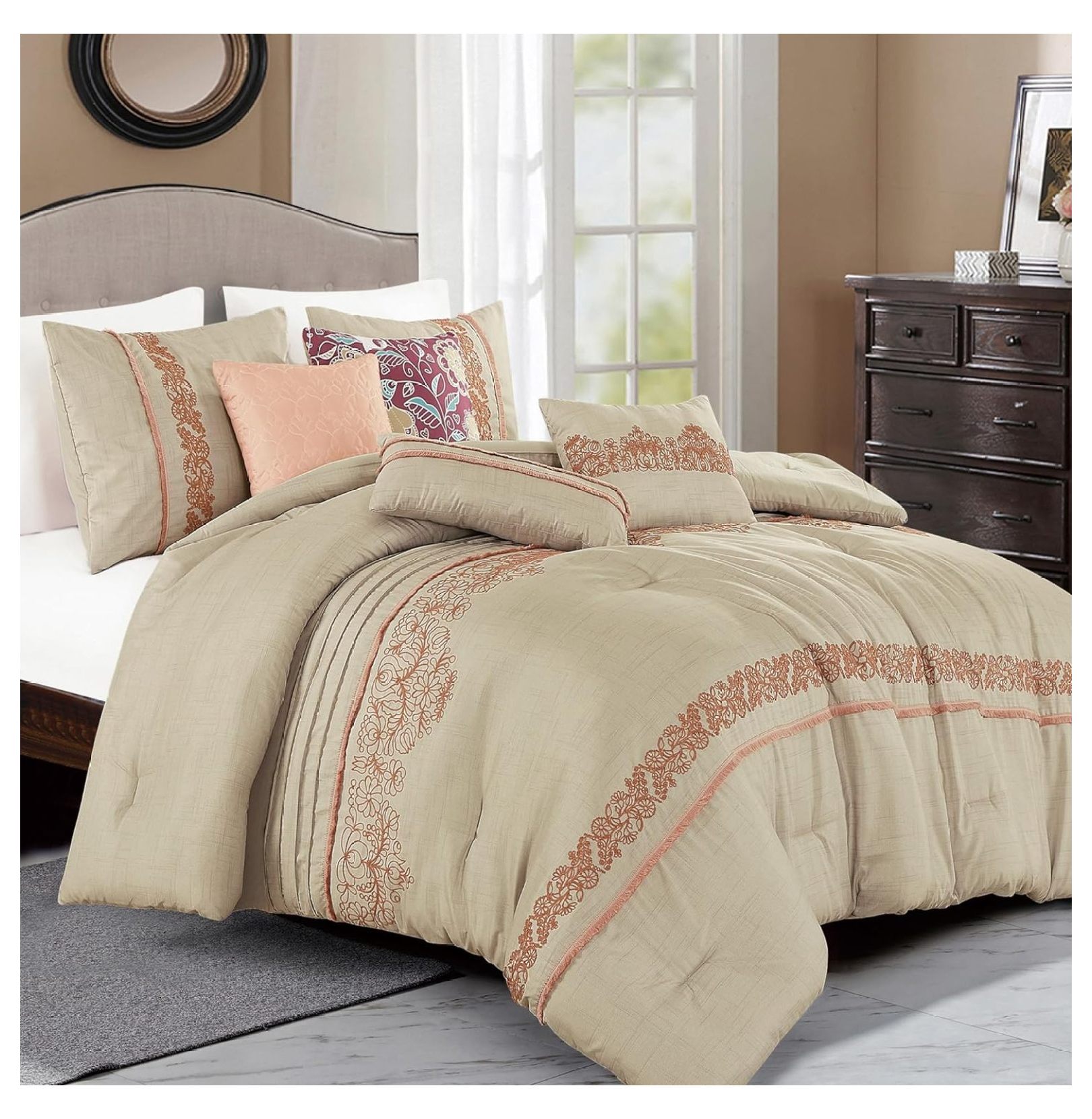 7-Piece Ketifa Desert Sand Floral Embroidery Pintuck Comforter Set ...