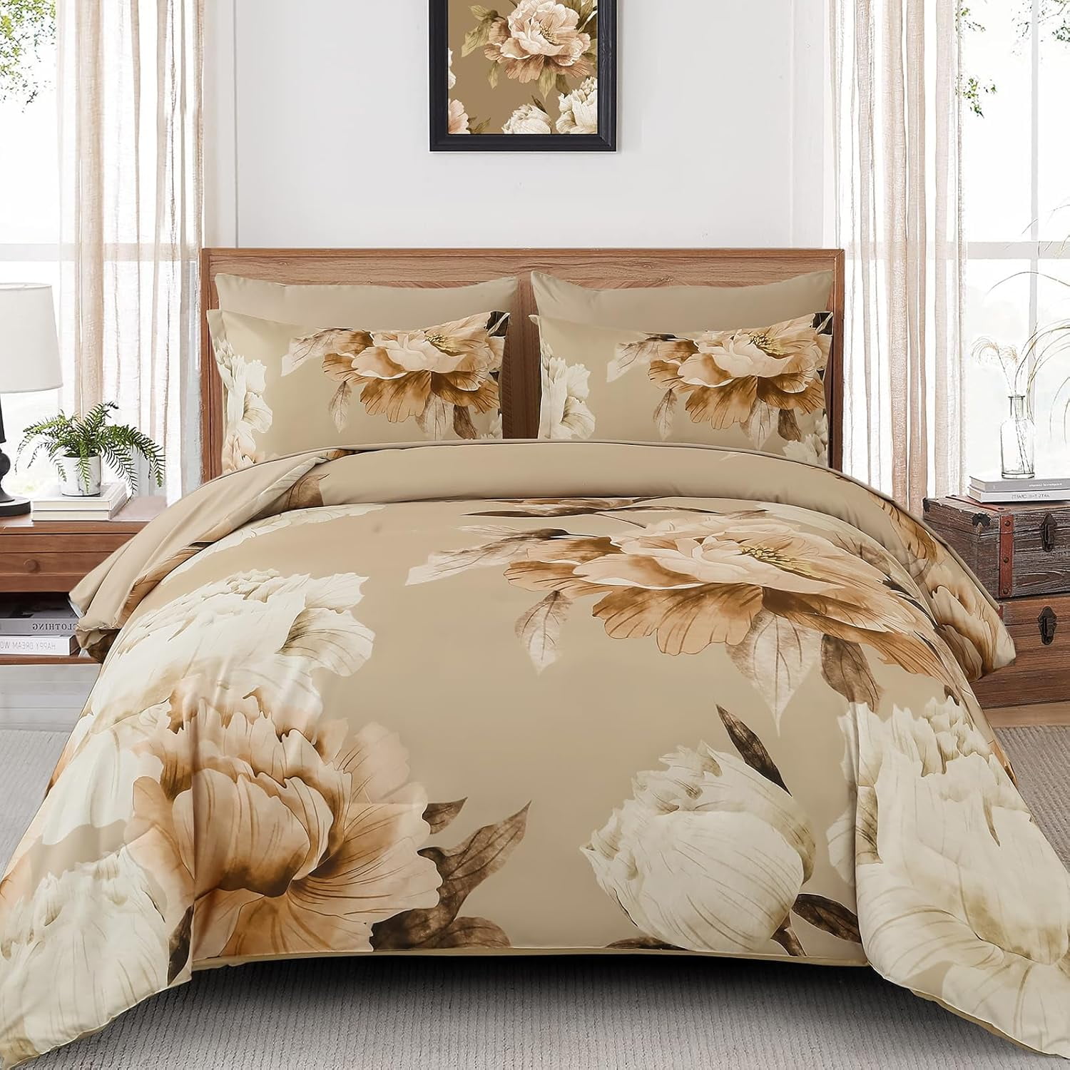 7 Piece Khaki Queen Comforter Set, Bed in a Bag with Taupe Floral Fall ...