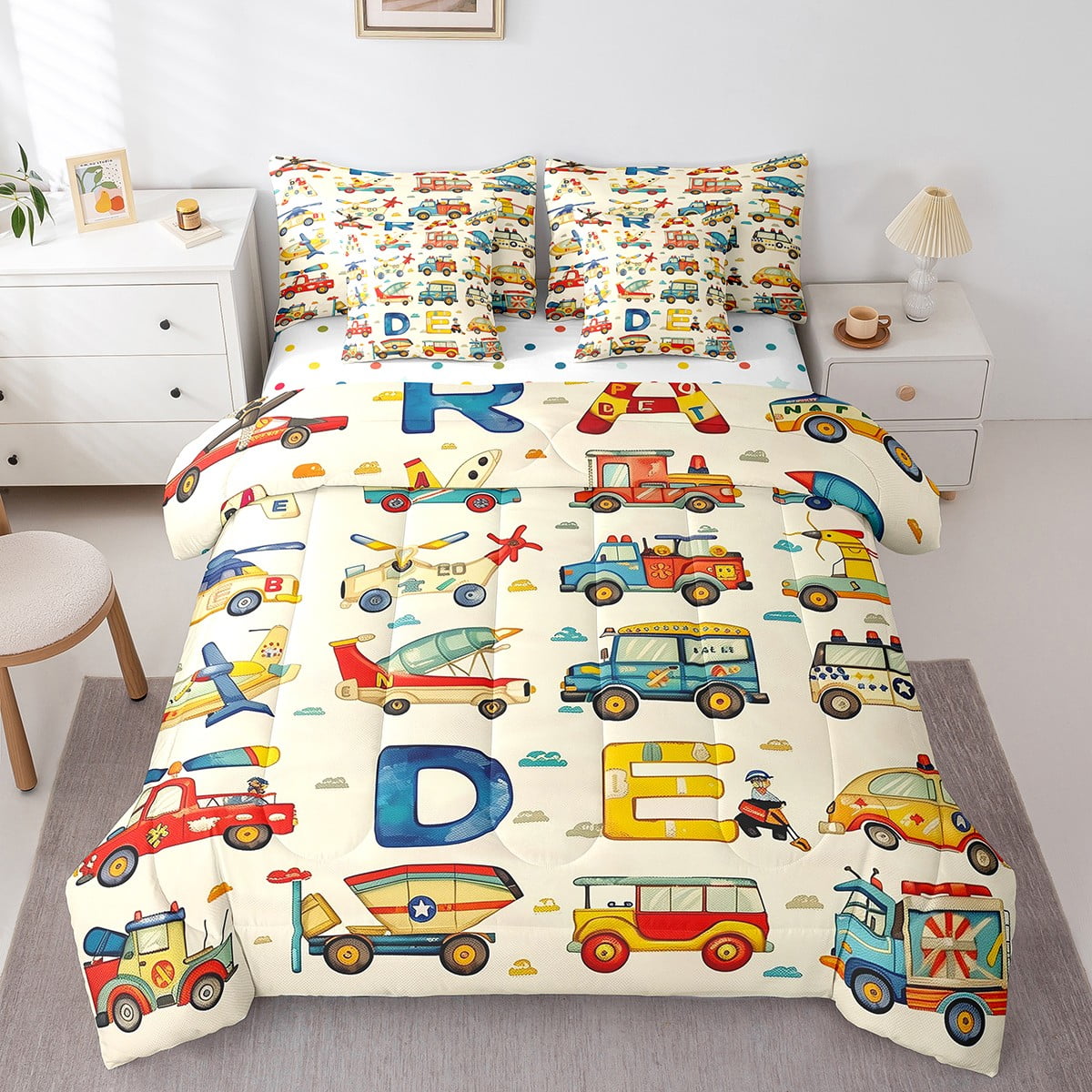 7 Piece Bed in a Bag Excavator Bedding Sets Cute Cartoon Car Comforter ...