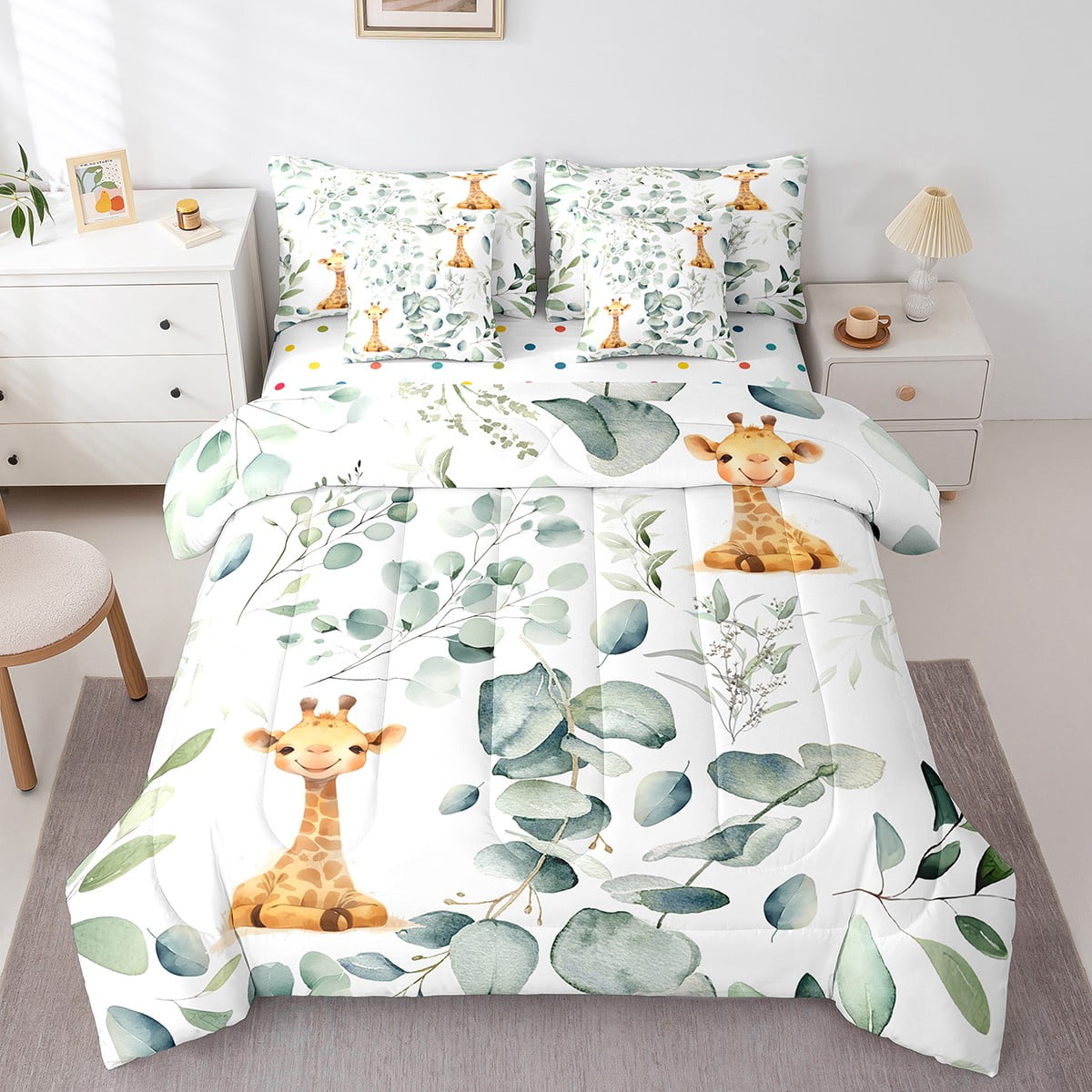 7-Piece Cute Animal Bedding Twin Cartoon Giraffe Comforter Set, Eucalyptus Bedding Comforter ...