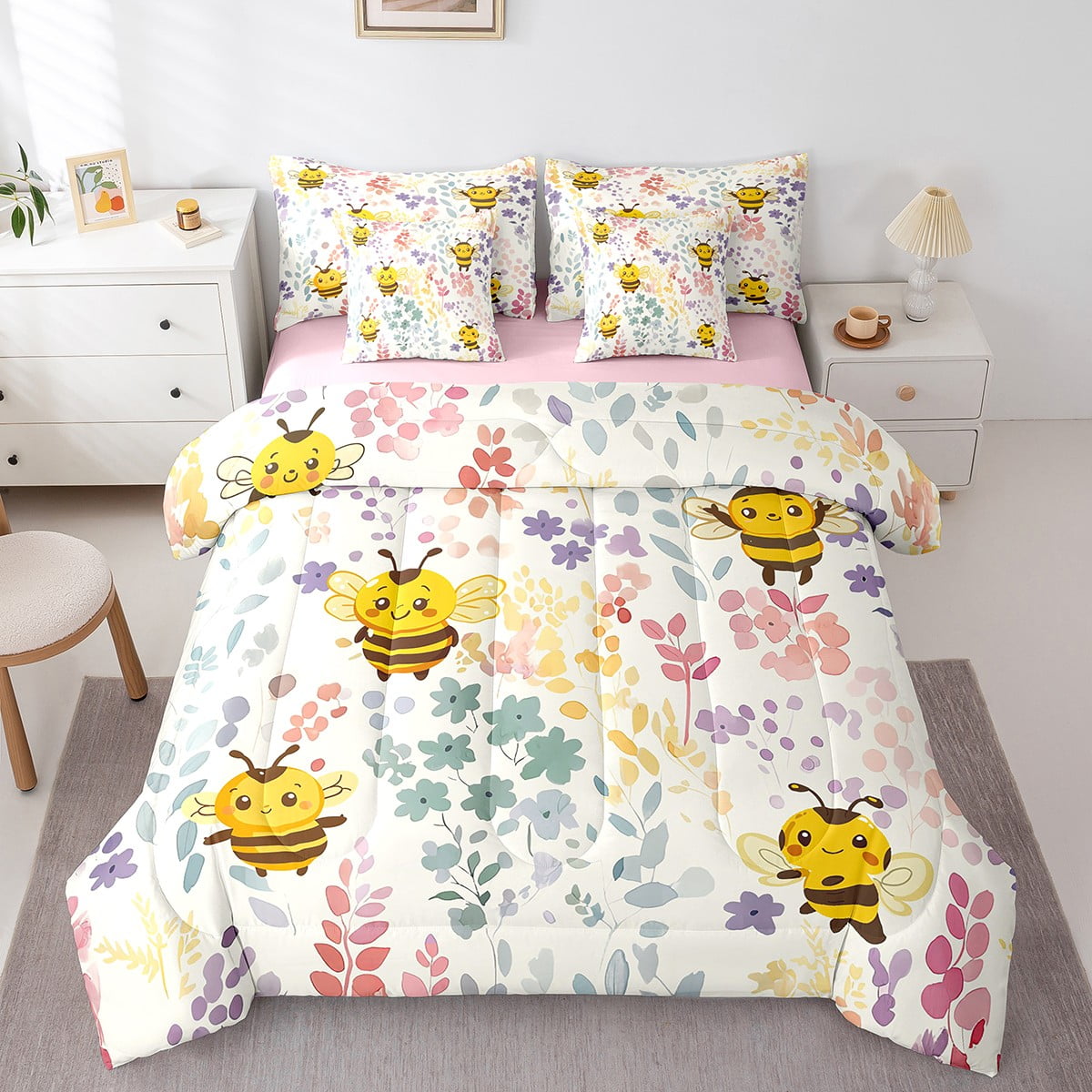7 Piece Cute Bee Queen Comforter Set,Colorful Floral Honey Bee Bedding ...