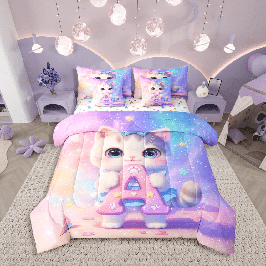 7 Piece Cute Cat Bedding Sets Cartoon Animal Cat Twin Bed in a Bag Teen ...