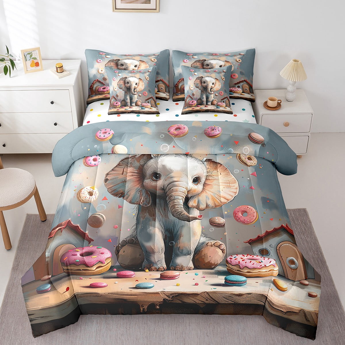 7 Piece Kids Elephant Bed in a Bag Queen Size,Donut Dessert Colorful ...
