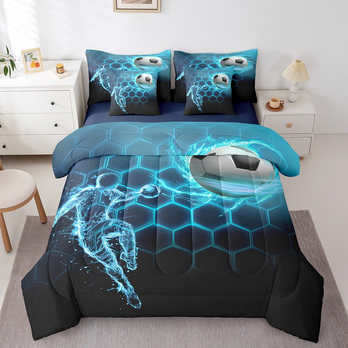 7 Piece Kids Football Bedding Twin Bed in a Bag for Boys Soccer Printed ...