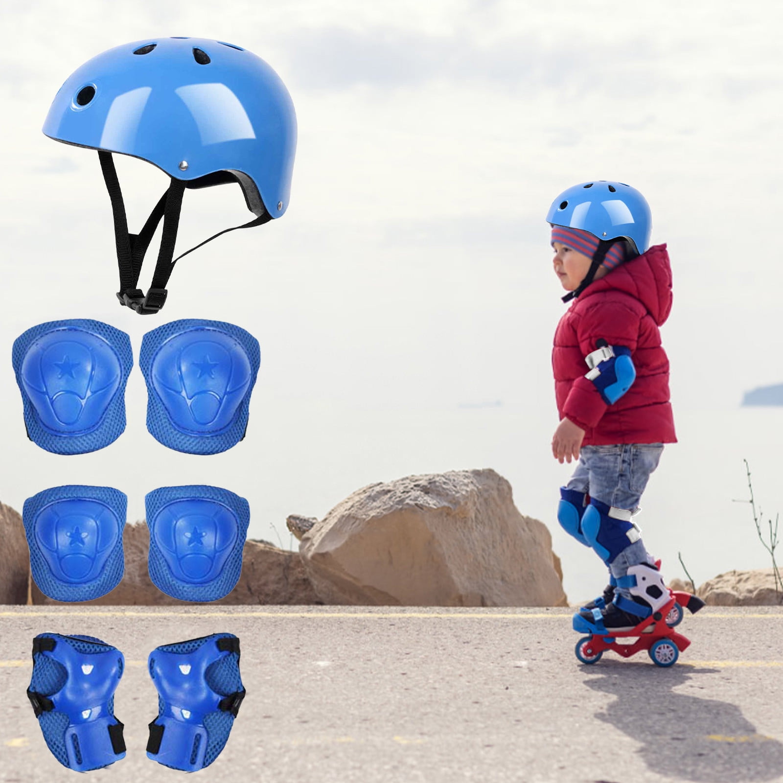 7 Piece Kids Helmet Knee Elbow Pad Set Protective Gear for Cycling ...