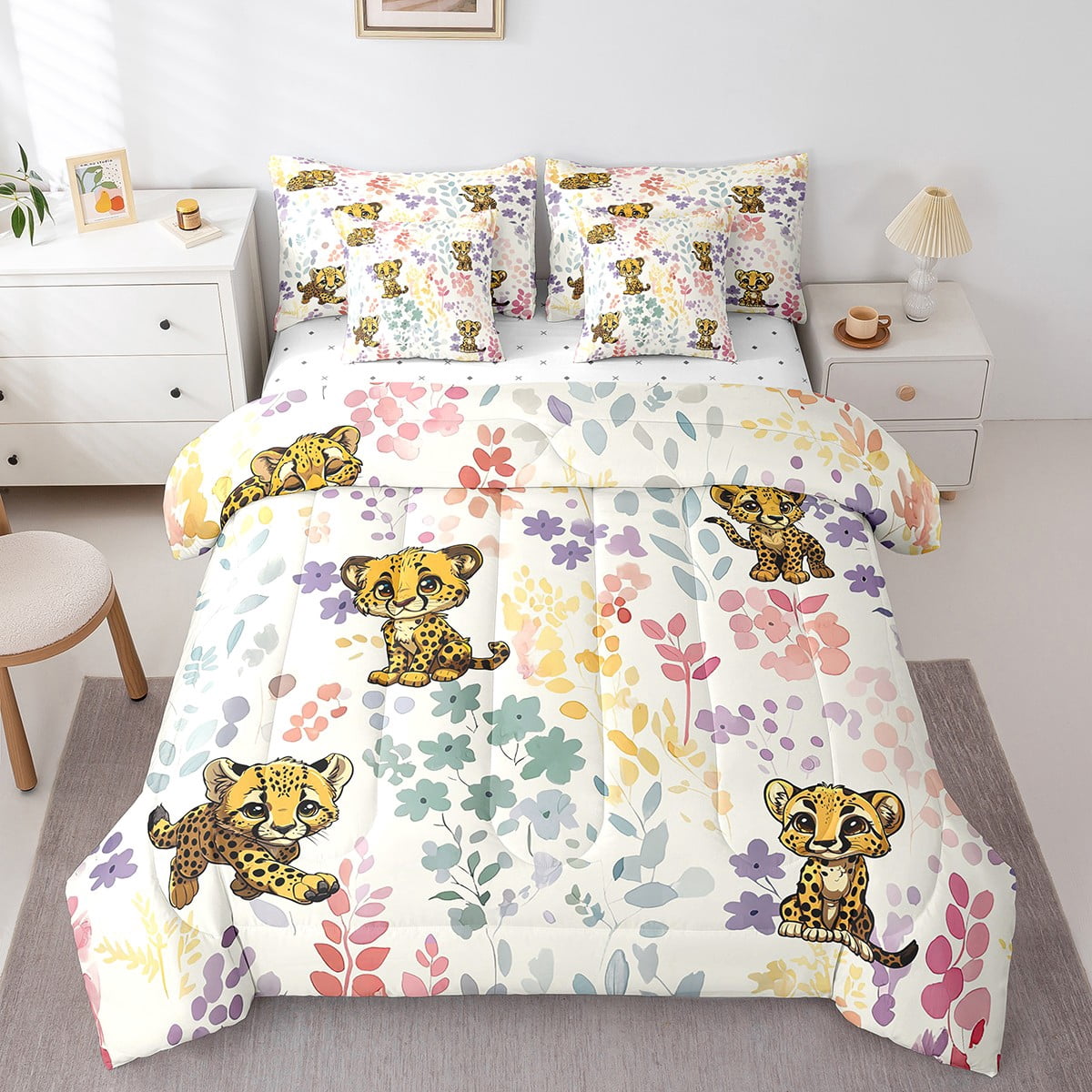 7 Piece Leopard Print Twin Bedding Set,Cute Cheetah Floral Comforter ...