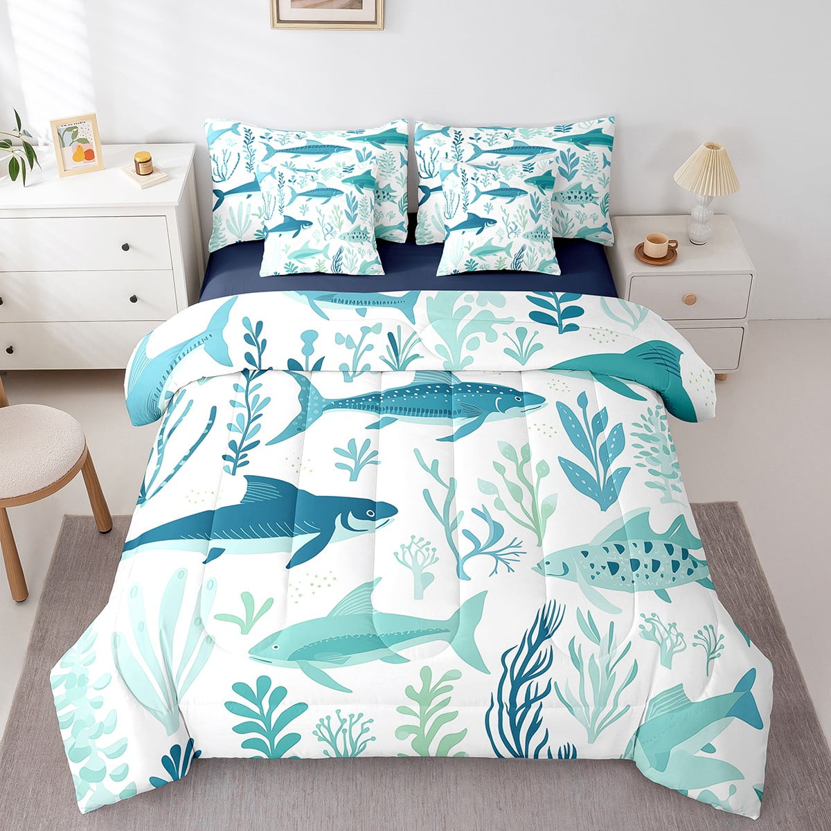 7 Piece Shark Bedding Set Twin Size Comforter Set,Cute Fish Sea Animal ...