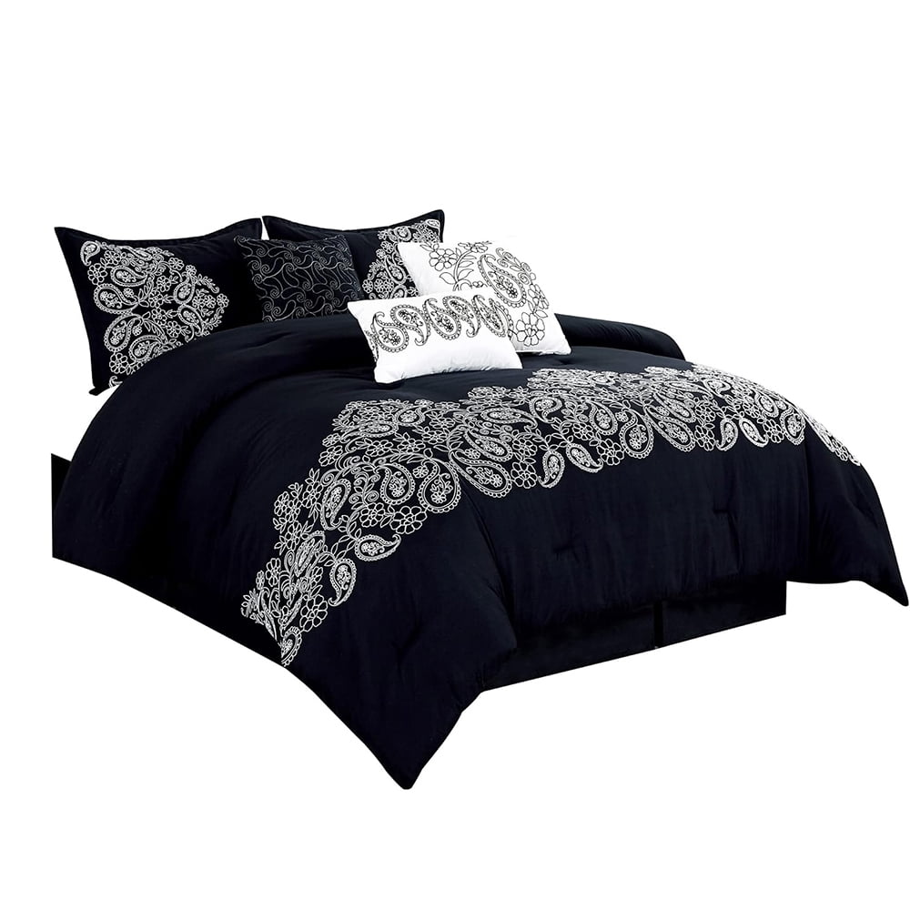 7-Piece King Black Paisley Floral Scroll Embroidered Comforter Set ...