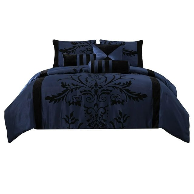 7 Piece King Size Blue Flocked Floral Comforter Set Soft And