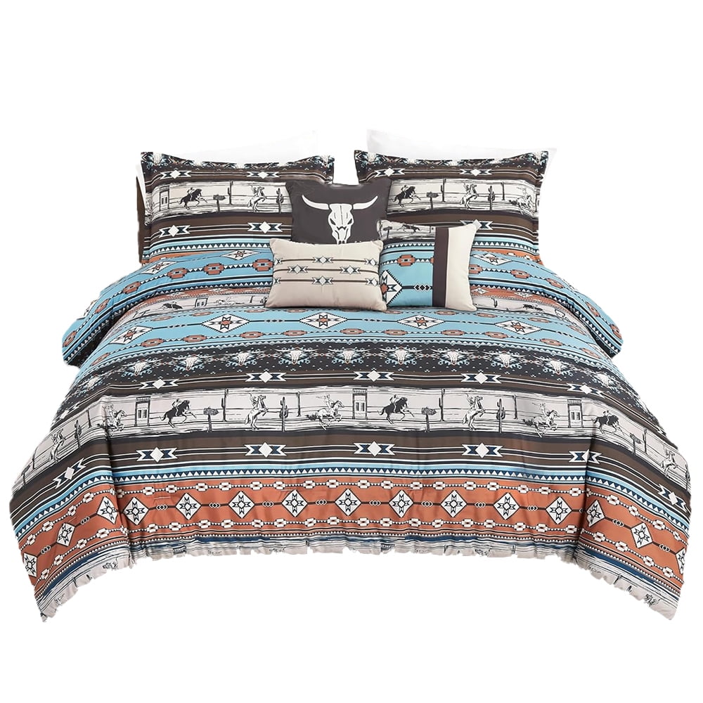 7-Piece King Southwestern Cowboys Rodeo Comforter Set - Multicolor Blue ...
